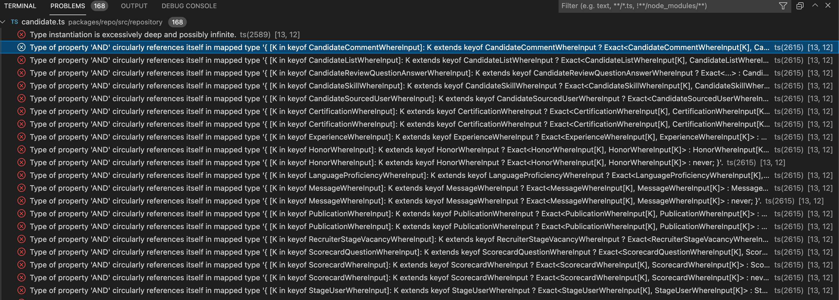 Type of property 'AND' circularly references itself in mapped type when using jest-mock-extended ...