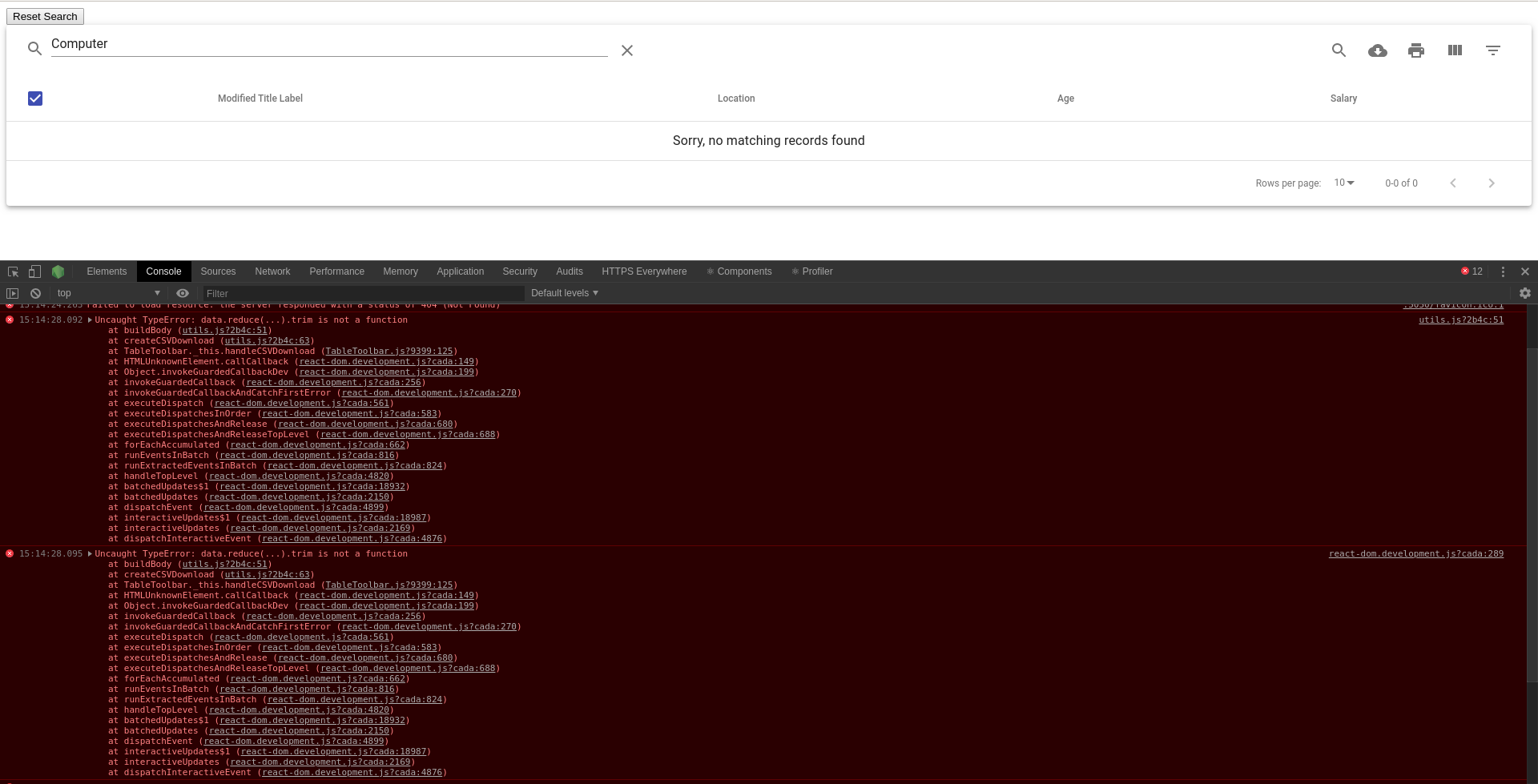 Uncaught TypeError when clicking on "Download CSV" with no data in the table · Issue #967 ...