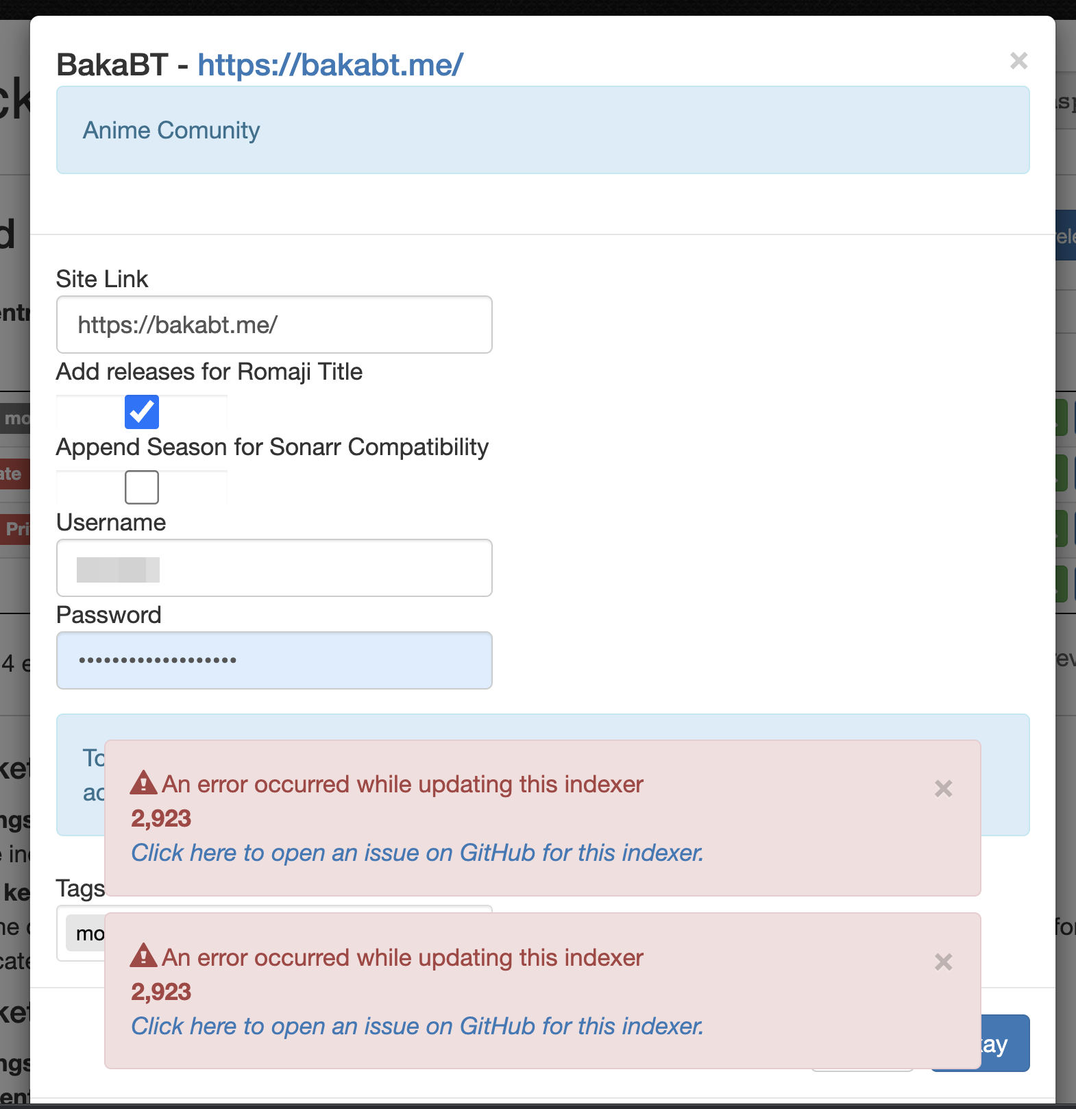 [bakabt] Error while updating Baka.bt "(updating) 2,942" · Issue #14263 · Jackett/Jackett · GitHub