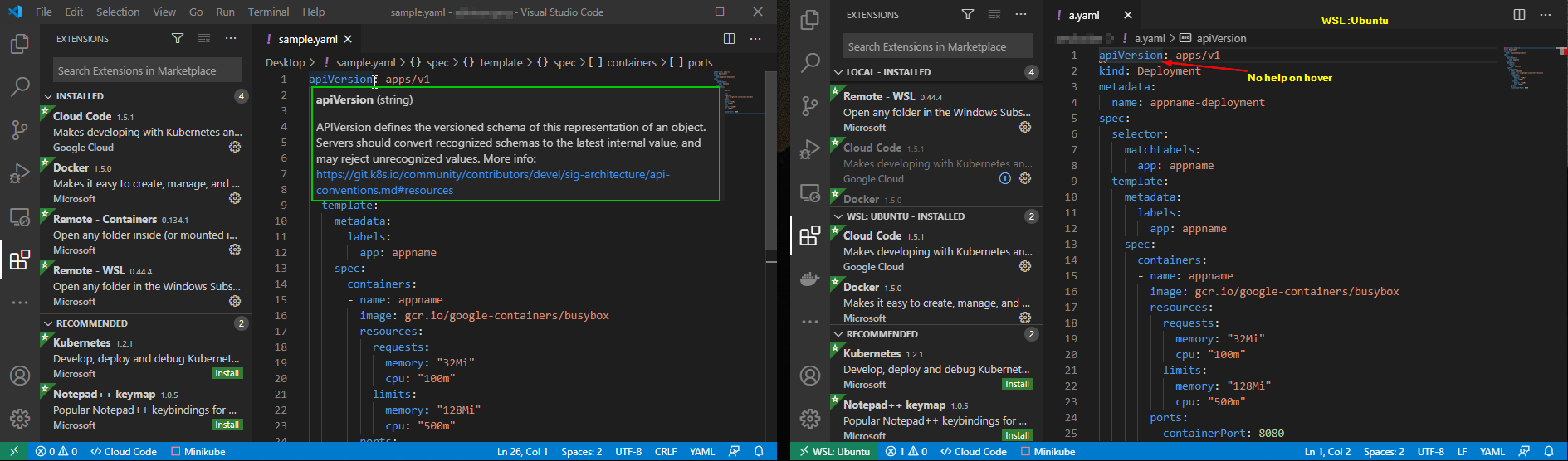 WSL2: (1) Unable to load schema from 'k8s://schema/apps/v1, (2) No help on hover · Issue #287 ...