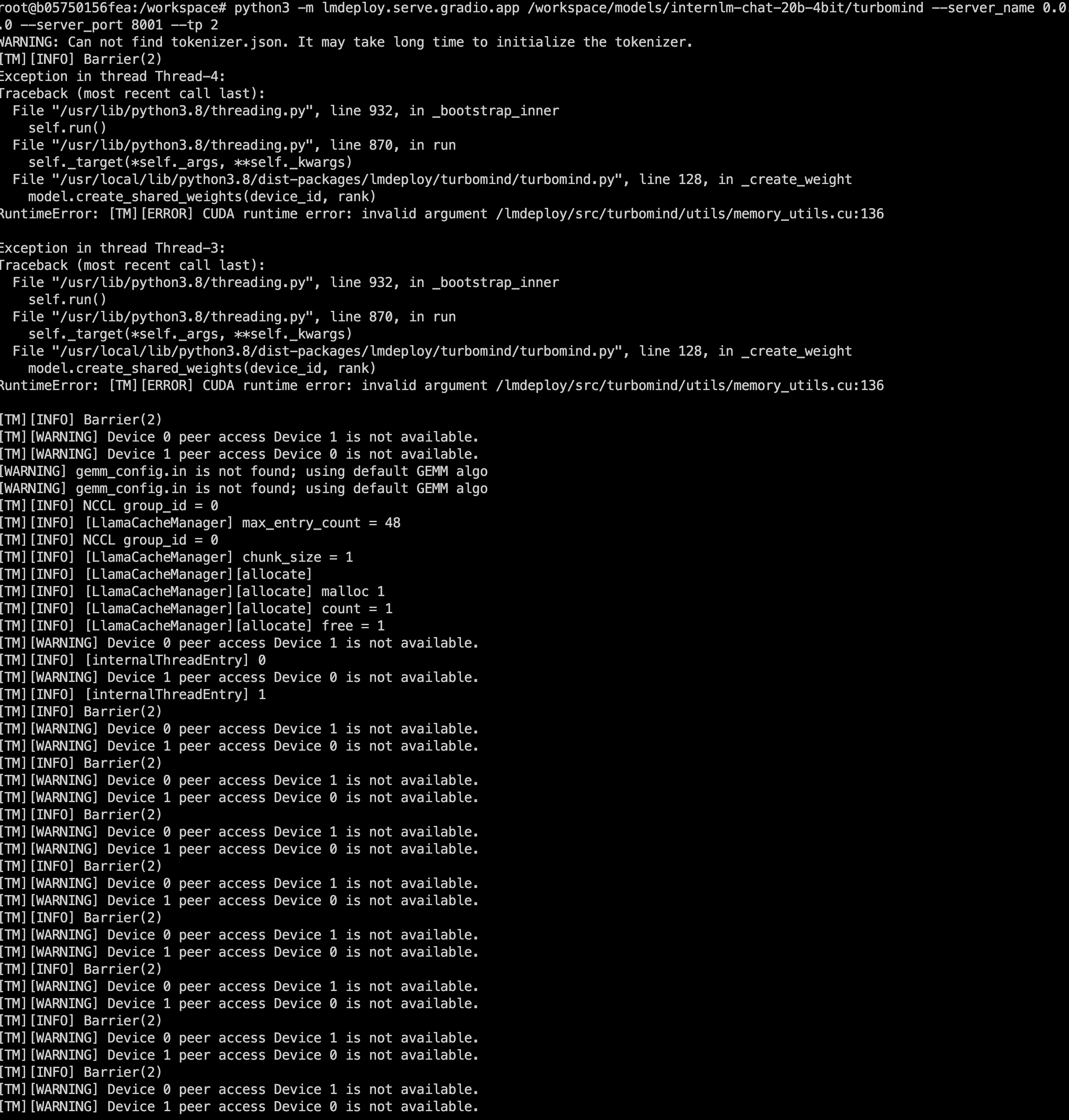 [Bug] 请问20b-int4量化模型用gradio 正常运行显存应占用多少 · Issue #452 · InternLM/lmdeploy · GitHub