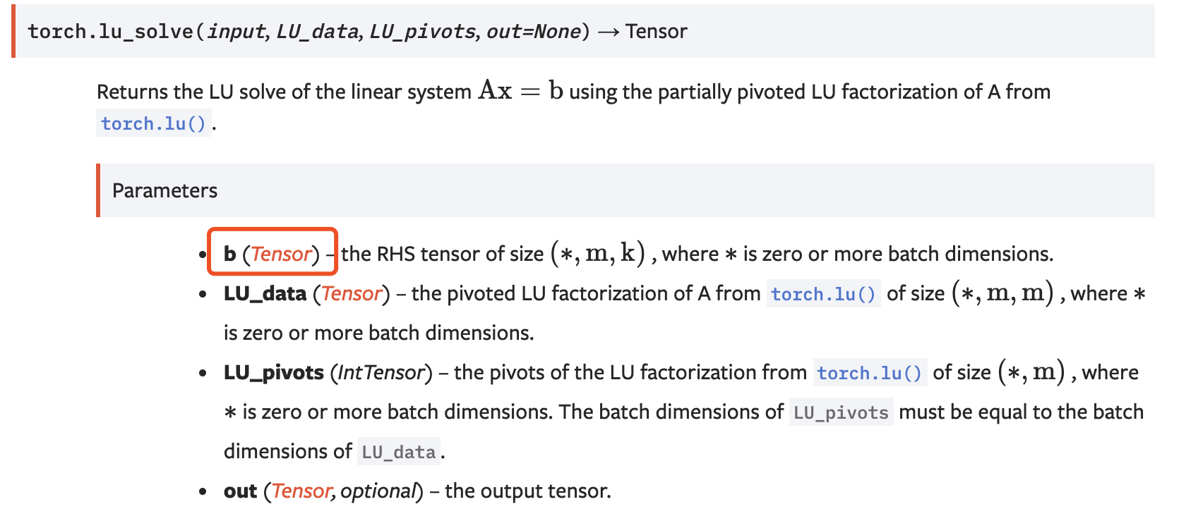 `torch.lu_solve` documentation refers `b` as an argument. · Issue #43498 · pytorch/pytorch · GitHub