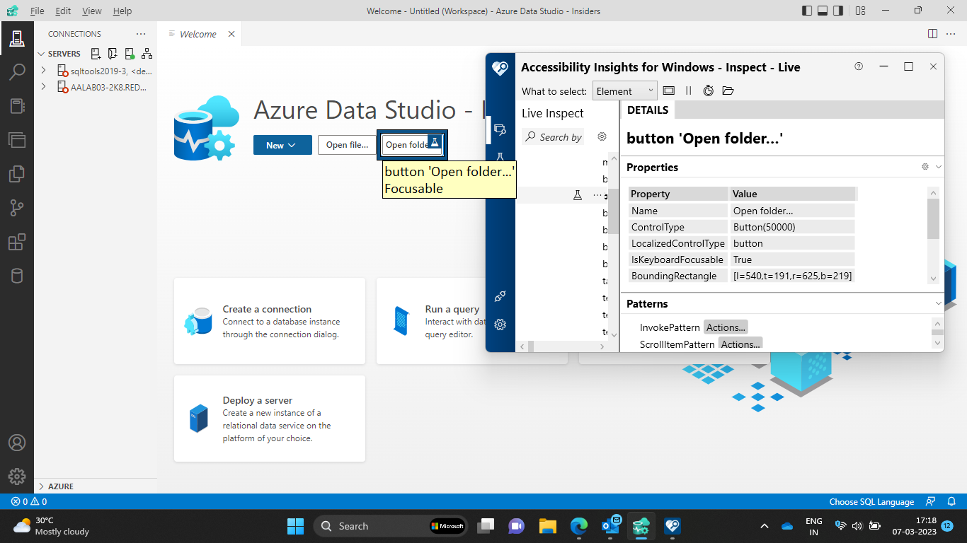 A11y_AzureDataStudioStayHealthy_Welcome_AzureDataStudio-Insiders_AI4D: All controls are set as ...