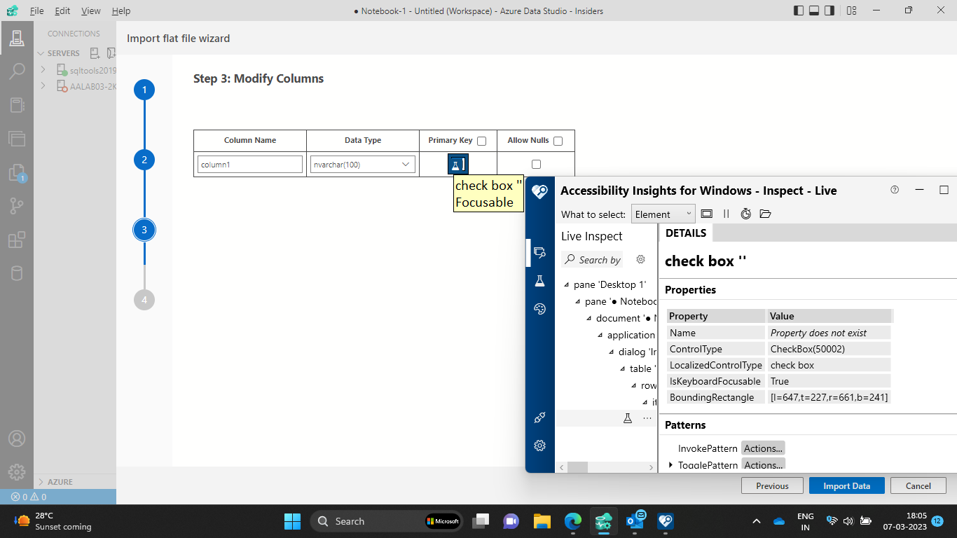 A11y_SQL Azure Data Studio_Import ExtensionModify Columns_AI4D: The primary key check box in ...