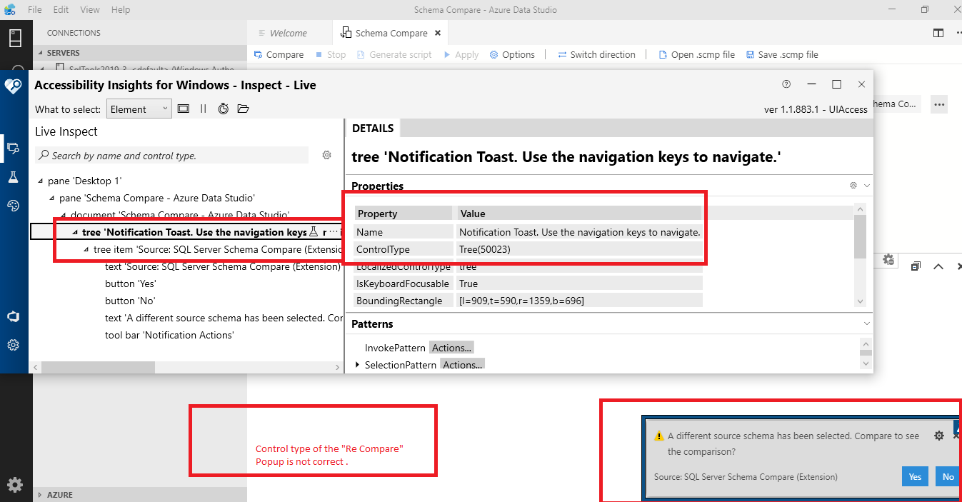 A11y_AzureDataStudio(Schema,Dacpac,Backup)_Recompare pop up_AI4D: Control type of the "Re ...