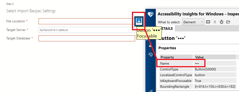 A11y_AzureDataStudio(Schema,Dacpac,Backup)_ImportBacpac_ImportBacpacSettings_AI4D: Name property ...
