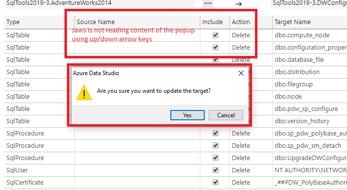 A11y_AzureDataStudio(Schema,Dacpac,Backup)_Update Target pop up_Screenreader: Jaws is not ...