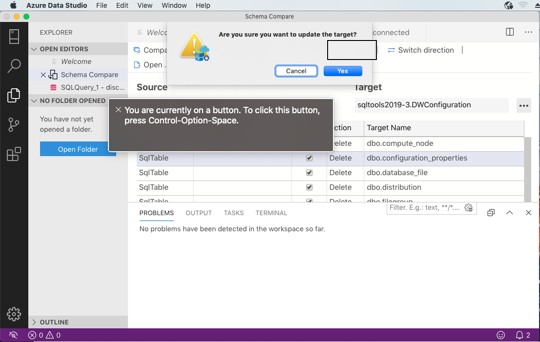 A11y_AzureDataStudio(Schema,Dacpac,Backup)_Update Target pop up_Screenreader : VoiceOver reads ...