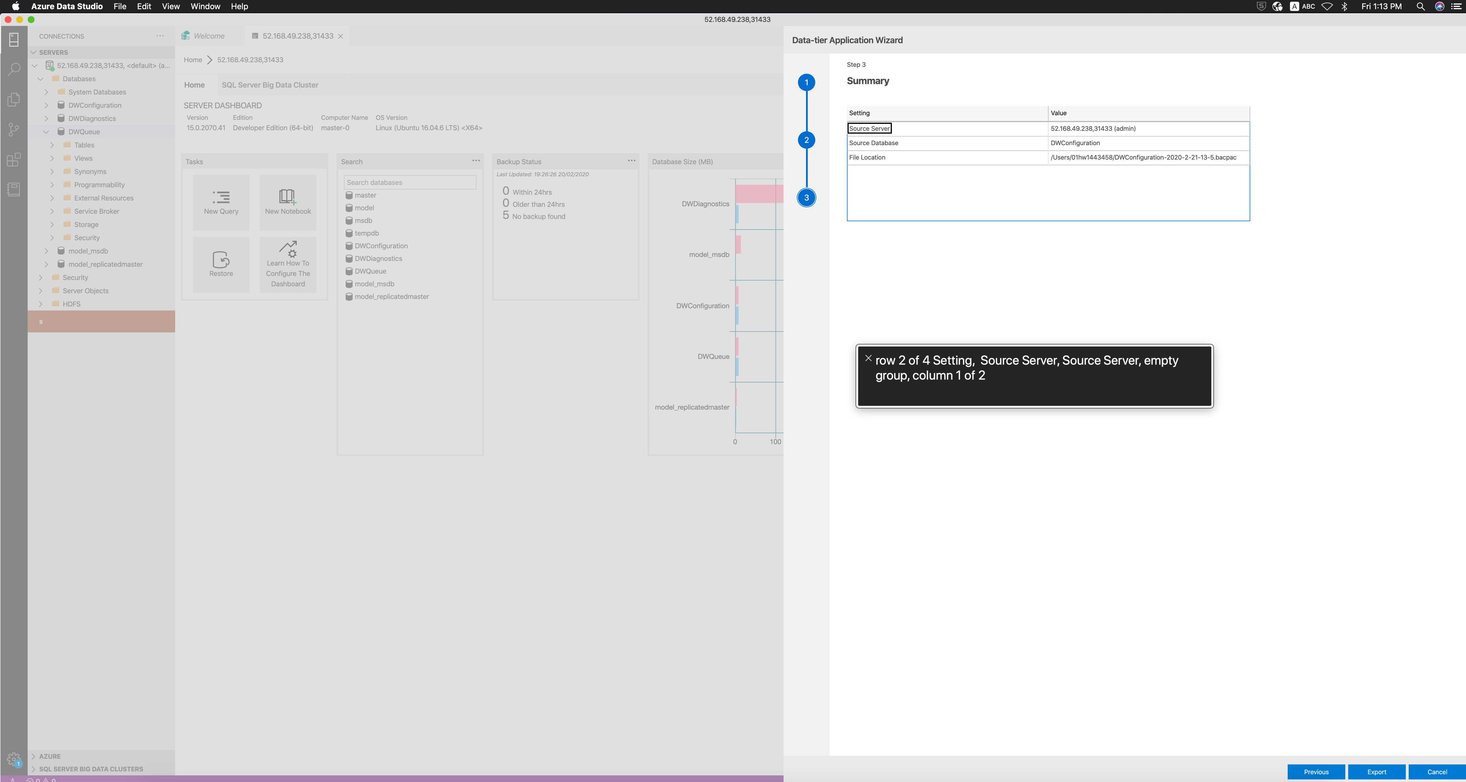 A11y_SQLAzureDataStudio_ExportBacpac_SummaryScreen_ScreenReader: Voice over annouces "empty ...
