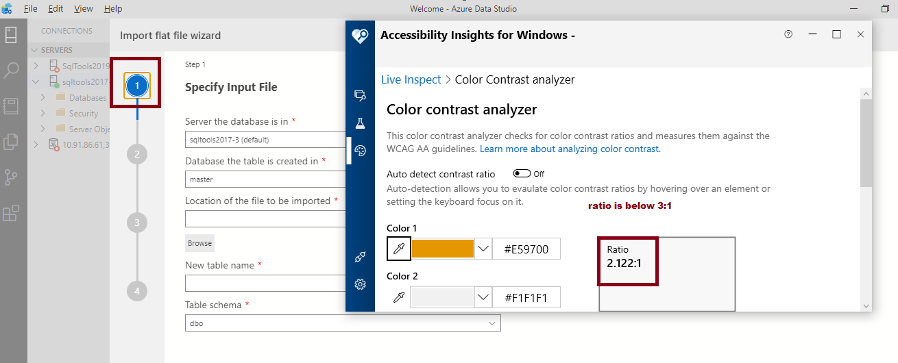 A11y_SQL Azure Data Studio_Import Extension - Specify Input File_ColorContrast: The color ...
