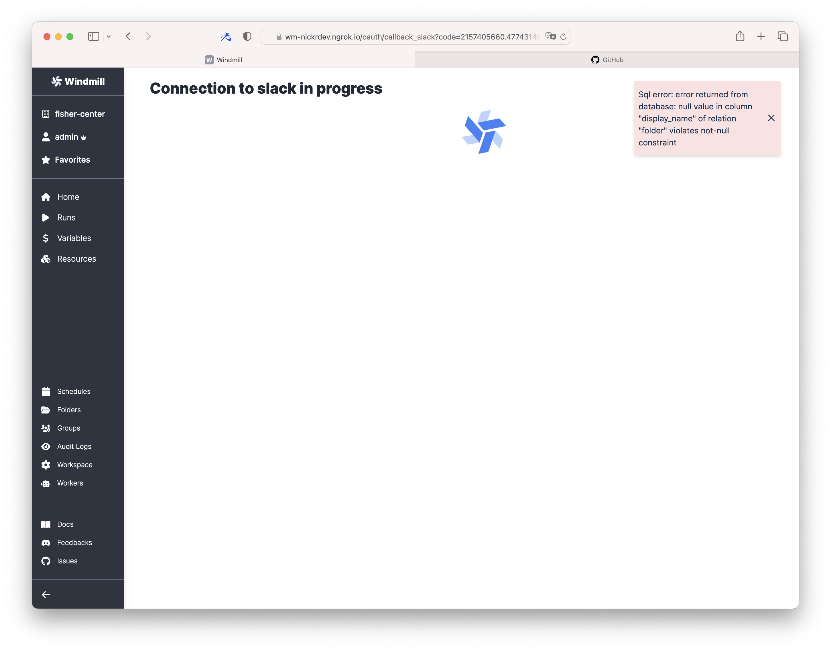 Bug Connect Workspace To Slack Results In Sql Error · Issue 1193 · Windmill Labswindmill · Github