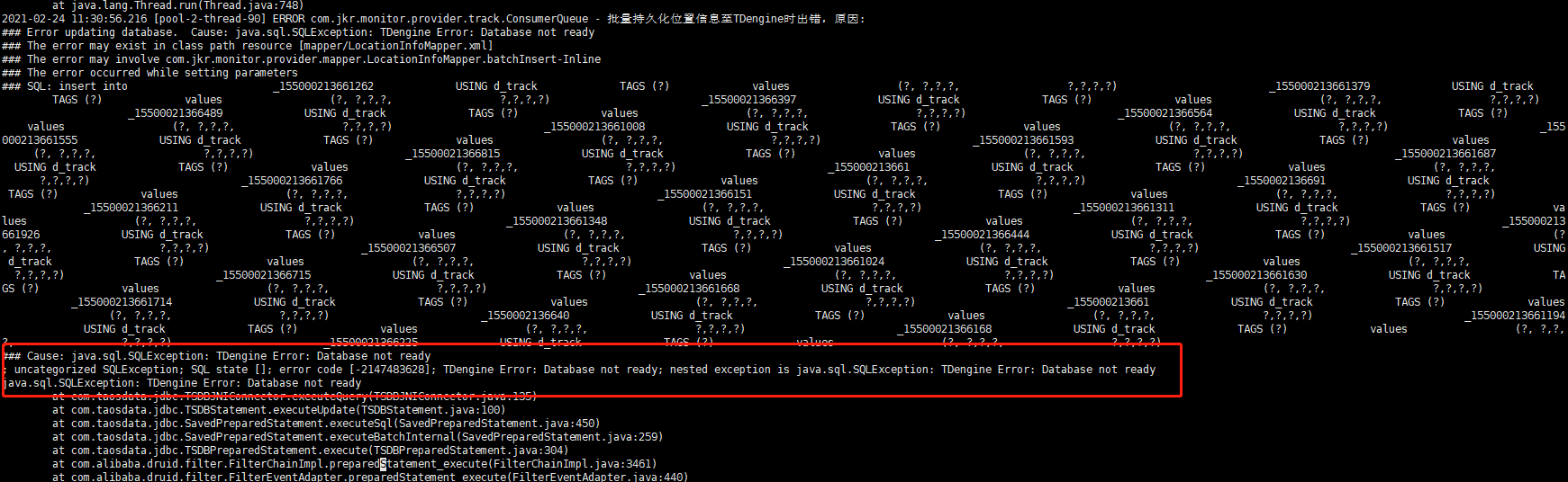 SQL state []; error code [-2147483628]; TDengine Error: Database not ready; nested exception is ...