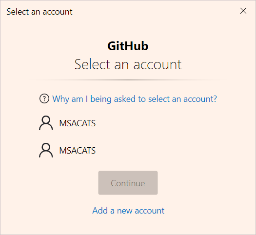 Select an account prompt showing duplicate "Personal Access Token" options when Visual Studio is ...