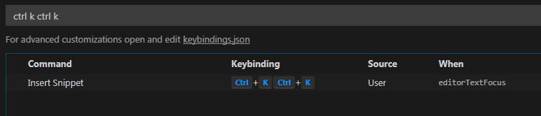 Ctrl+K Ctrl+K --> insert snippet · Issue #55255 · microsoft/vscode · GitHub
