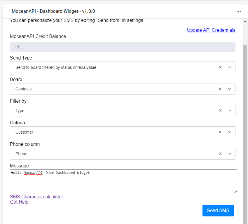 Mocean monday.com SMS Broadcast User Documentation | monday-dashboard