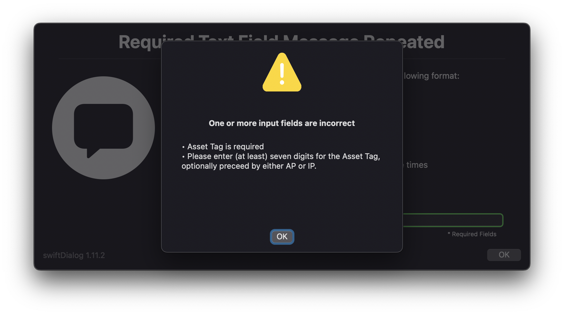 Required Text Field Message Repeated · Issue #156 · swiftDialog/swiftDialog · GitHub