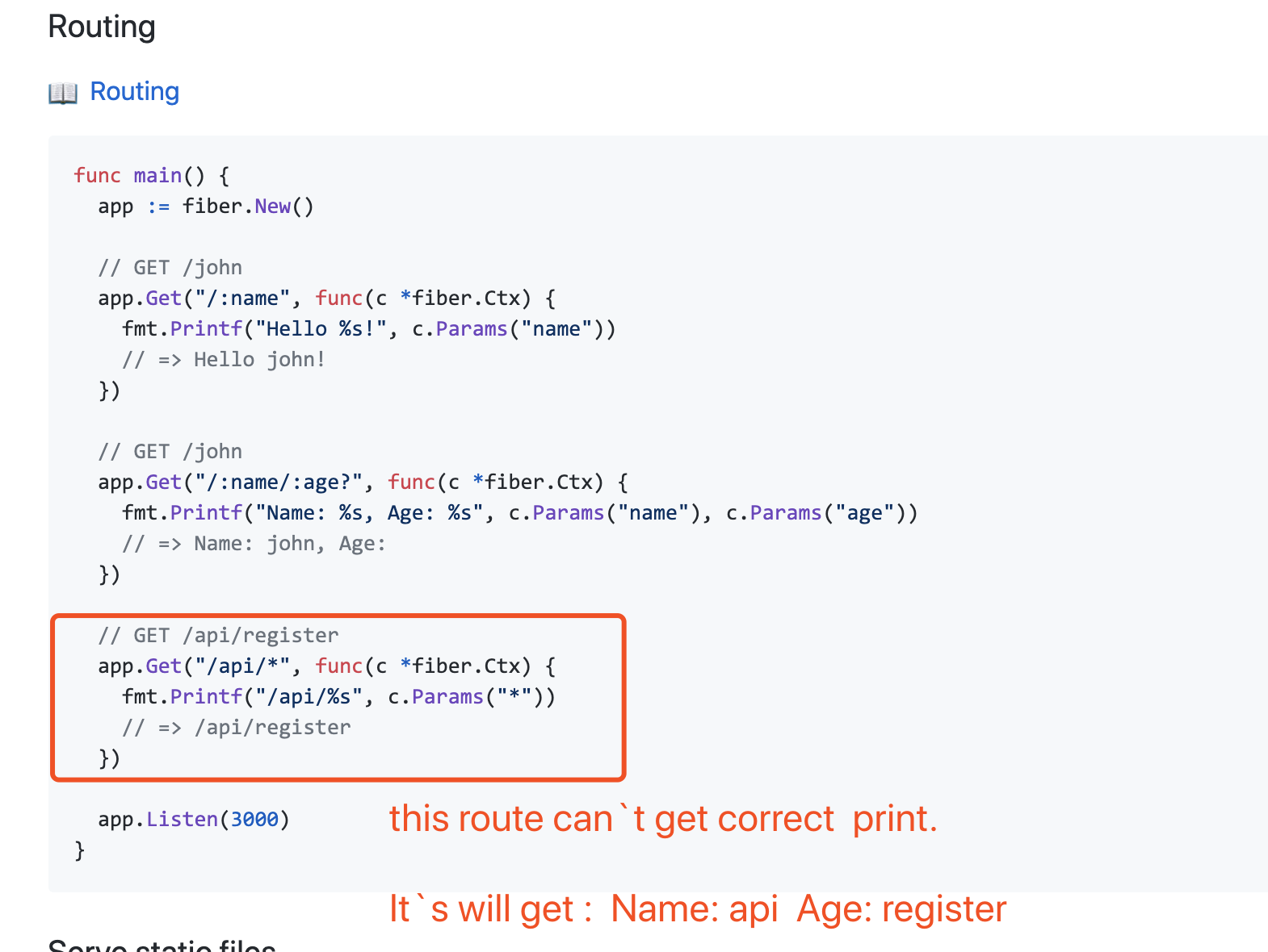 🤔 Routing example in readme does not work? · Issue #411 · gofiber/fiber ...
