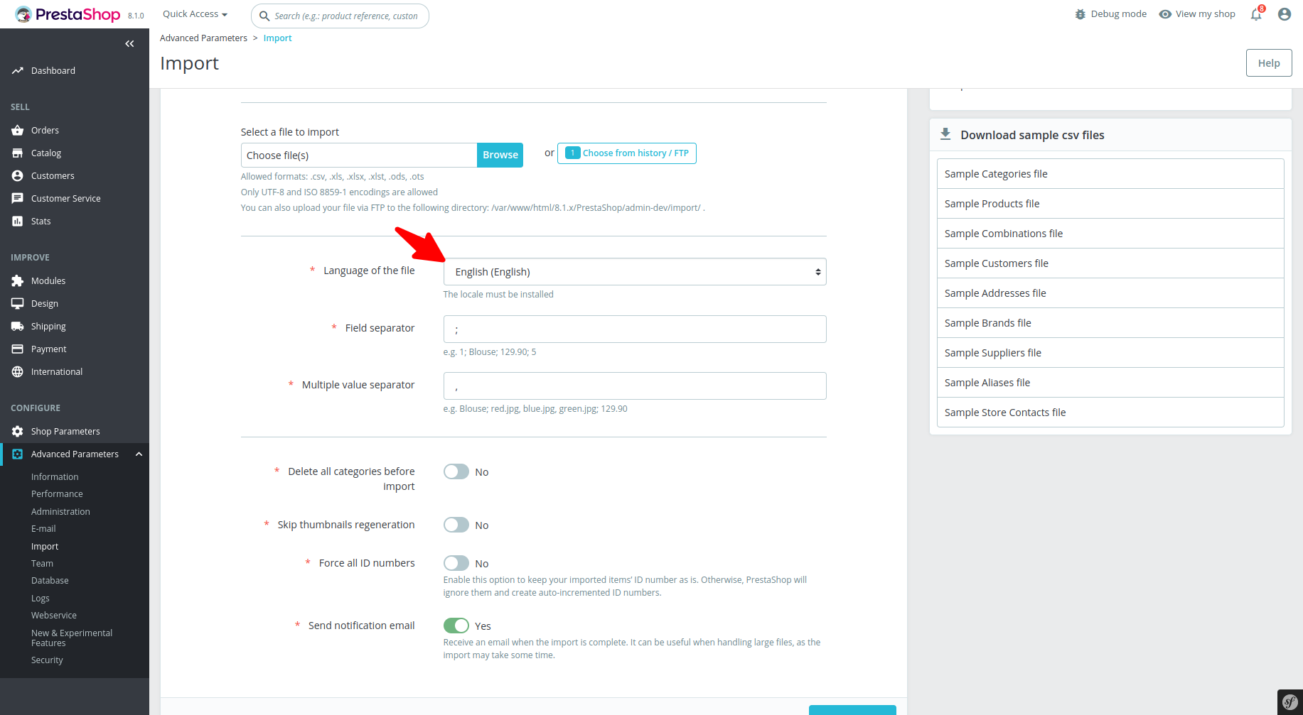Language Is Not Selected By Default In Advanced Parameters Import 