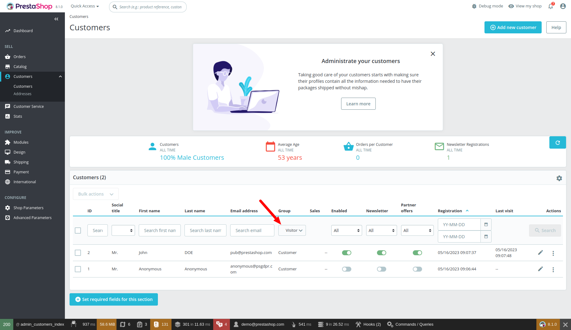 The group 'Visitors' is selected by default in customers list table · Issue #32583 · PrestaShop ...