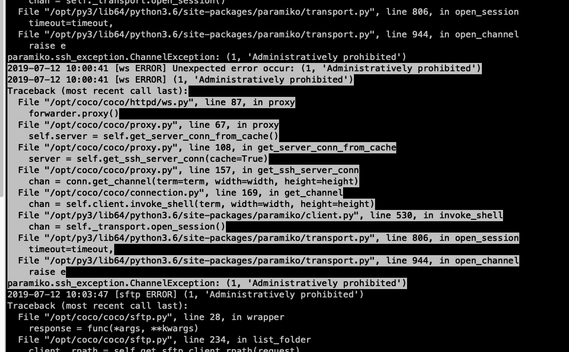 不定时某些用户无法连接服务器 coco日志提示Administratively prohibited · Issue #2931 · jumpserver/jumpserver · GitHub