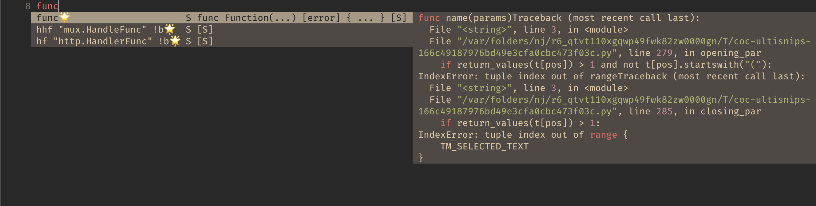 func snippets error with coc-snippets · Issue #2582 · fatih/vim-go · GitHub