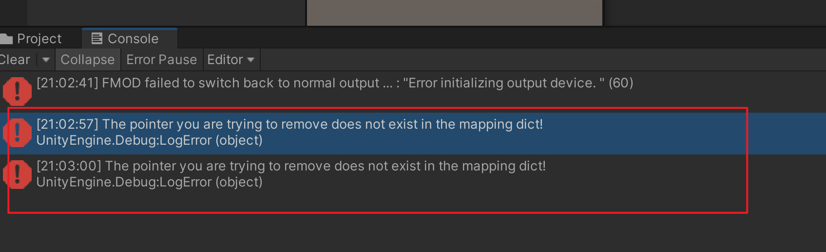 The pointer you are trying to remove does not exist in the mapping dict ...