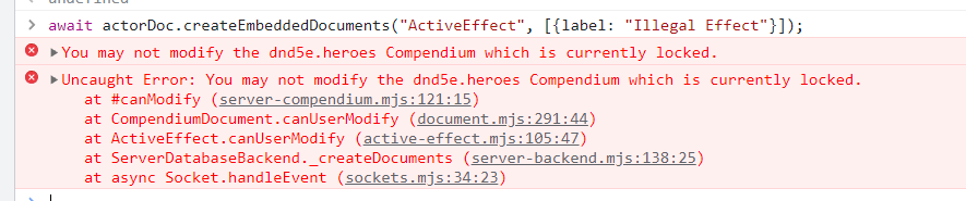 Active Effect documents failed to invoke the parent Actor#canUserModify method which allowed ...