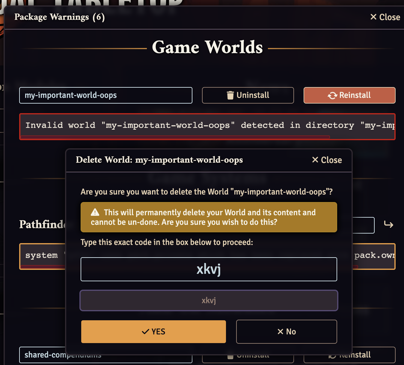 Do not provide a "reinstall" option in the Package Issues UI for worlds which do not offer an ...