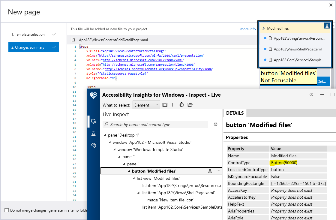 A11y_Windows Template Studio_Change Summary_Screenreader: Screenreader reads “Modified Files ...