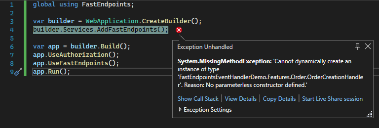Parameterless Constructor Error With Eventhandler · Issue 308 · Fastendpoints Fastendpoints