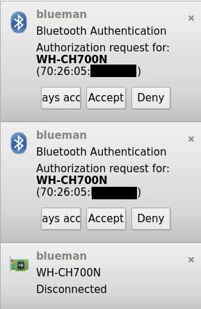 blueman bluetooth authentication authorization request dialogue pops ignores "Always Accept" or ...