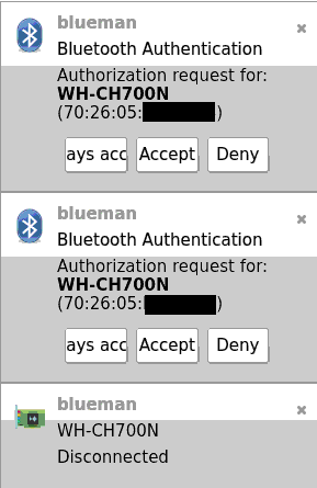 blueman bluetooth authentication authorization request dialogue pops ignores "Always Accept" or ...