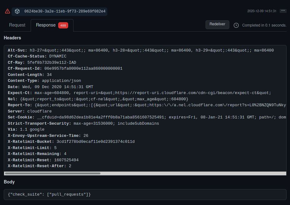 GitHub check_suite webhook payloads all get rejected (400) · Issue ...