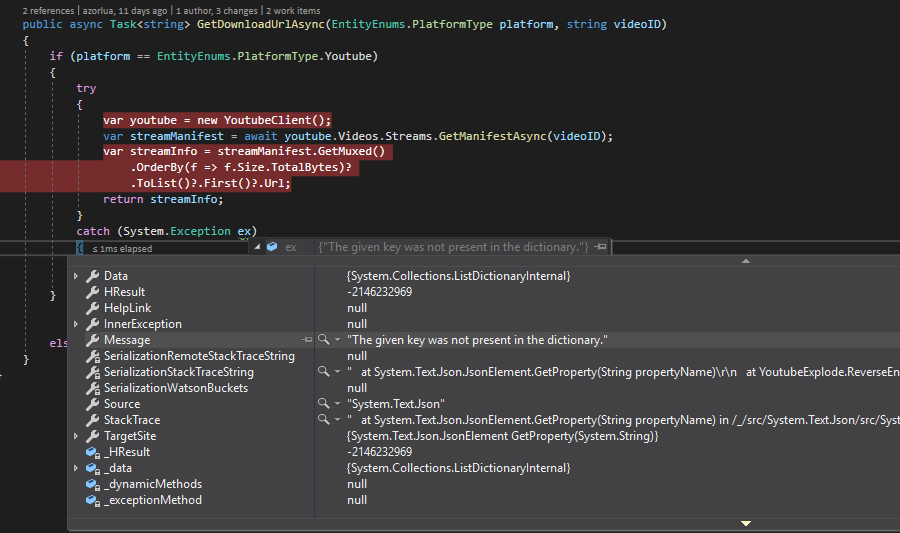 The given key was not present in the dictionary · Issue #464 · Tyrrrz/YoutubeExplode · GitHub