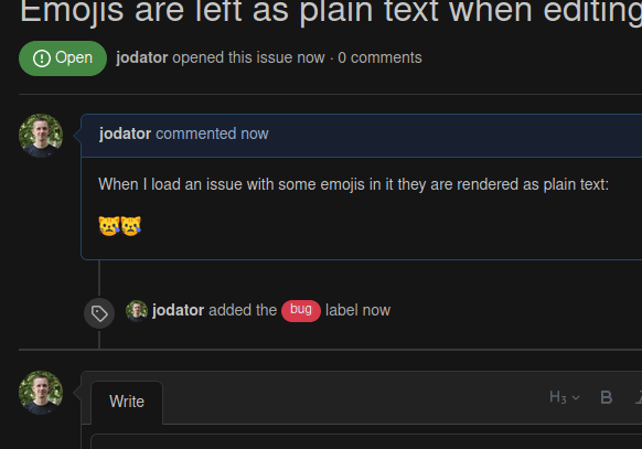 Emojis are left as plain text when editing issue · Issue #213 · ckeditor/github-writer · GitHub