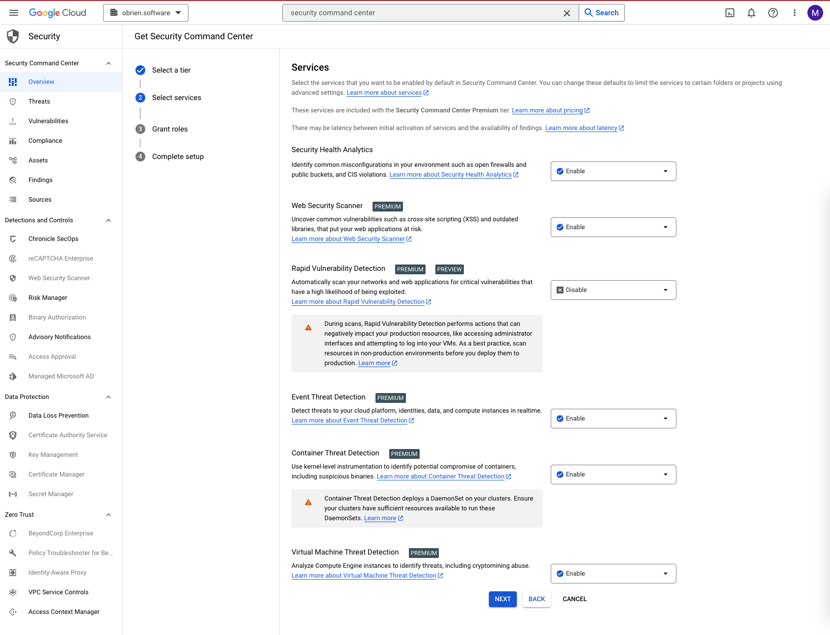 SCC-P (Security Command Center Premium) - enable at the organization level (multi-org) up from ...