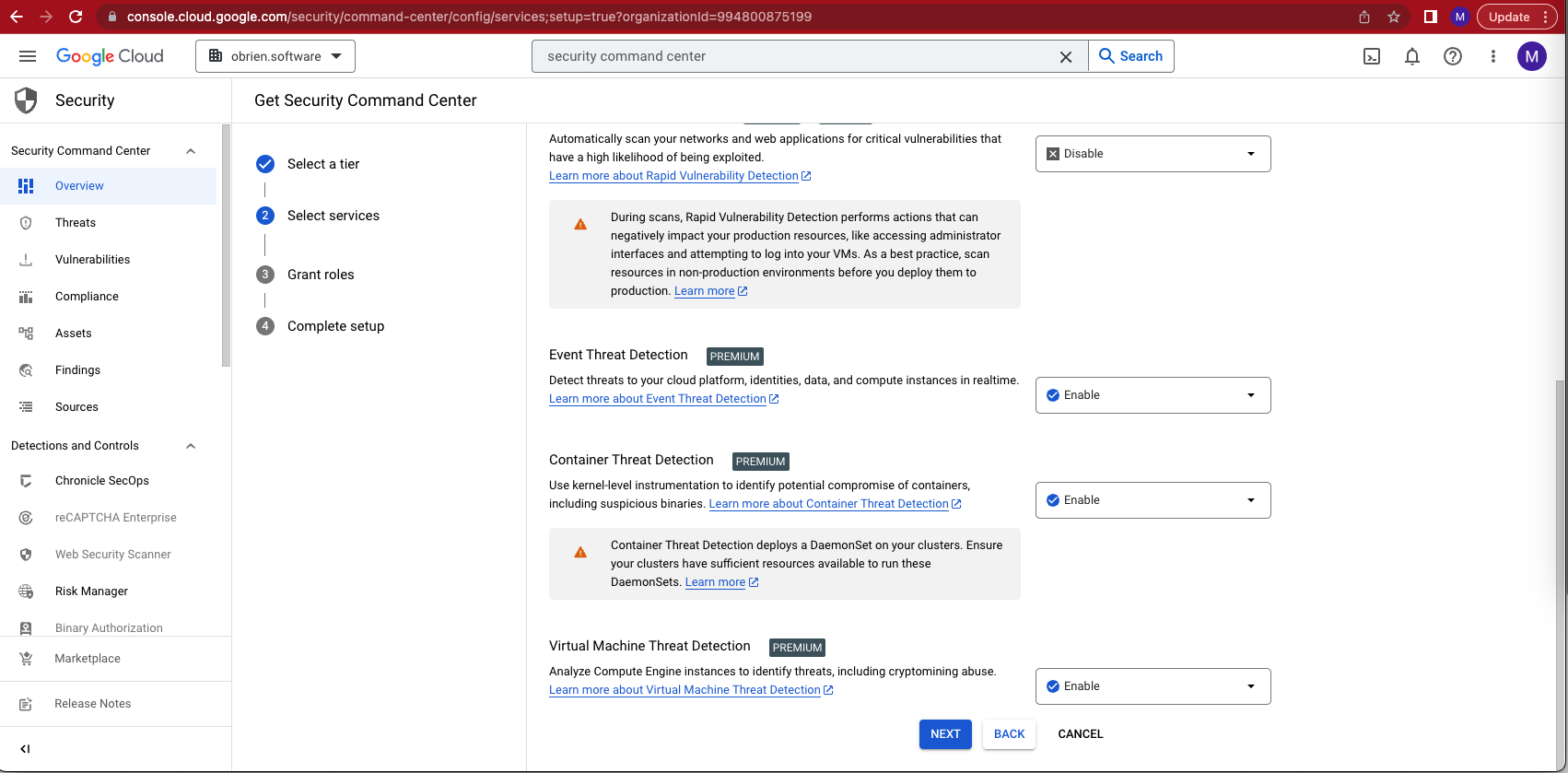 SCC-P (Security Command Center Premium) - enable at the organization level (multi-org) up from ...