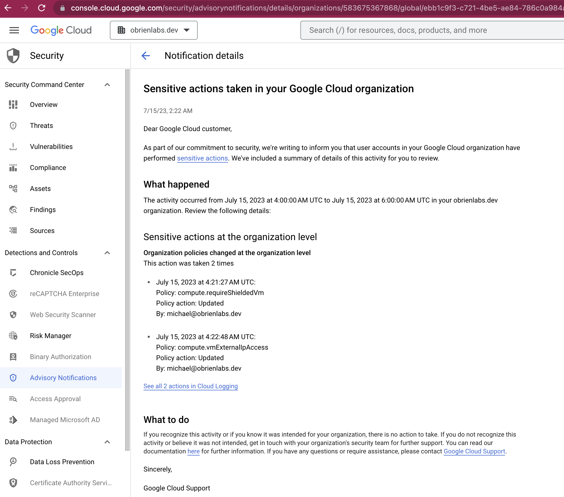 ATO Prep: Add/Verify IAM organization policy - advisory notifications via 2h delay email/iam ...