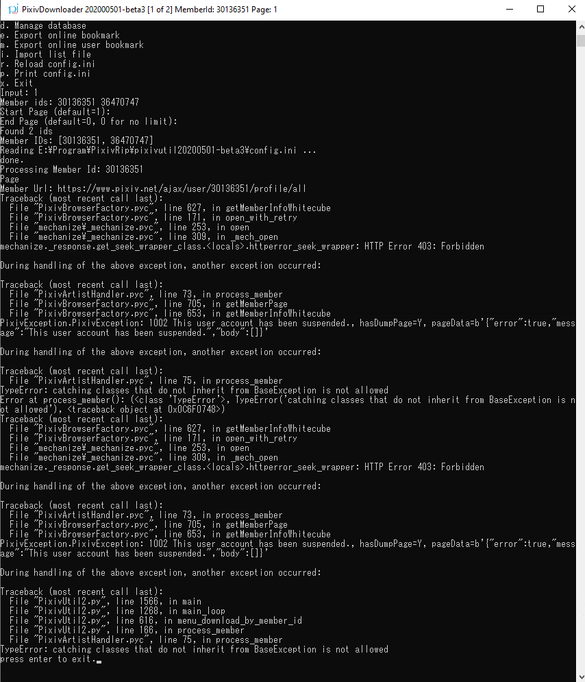 Error and exit when attempting to download from suspended user using ...