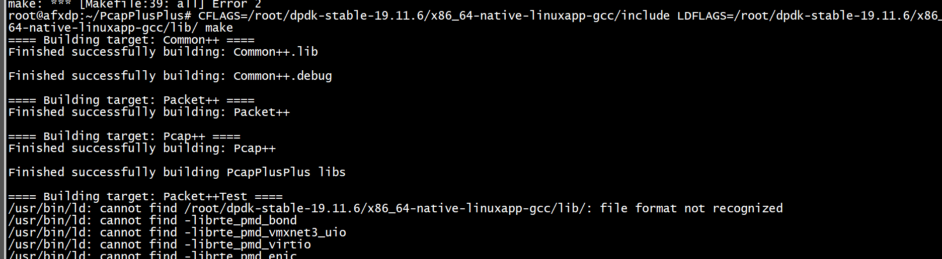 /usr/bin/ld: cannot find -librte_pmd_bond · Issue #585 · seladb/PcapPlusPlus · GitHub