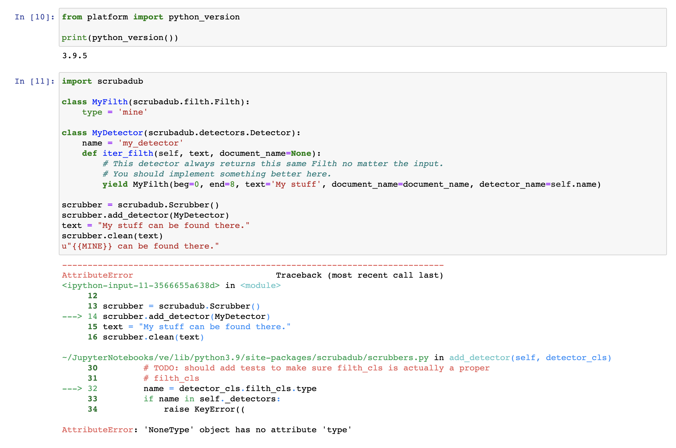 Examples for adding a new type of filth detector does not work. · Issue ...