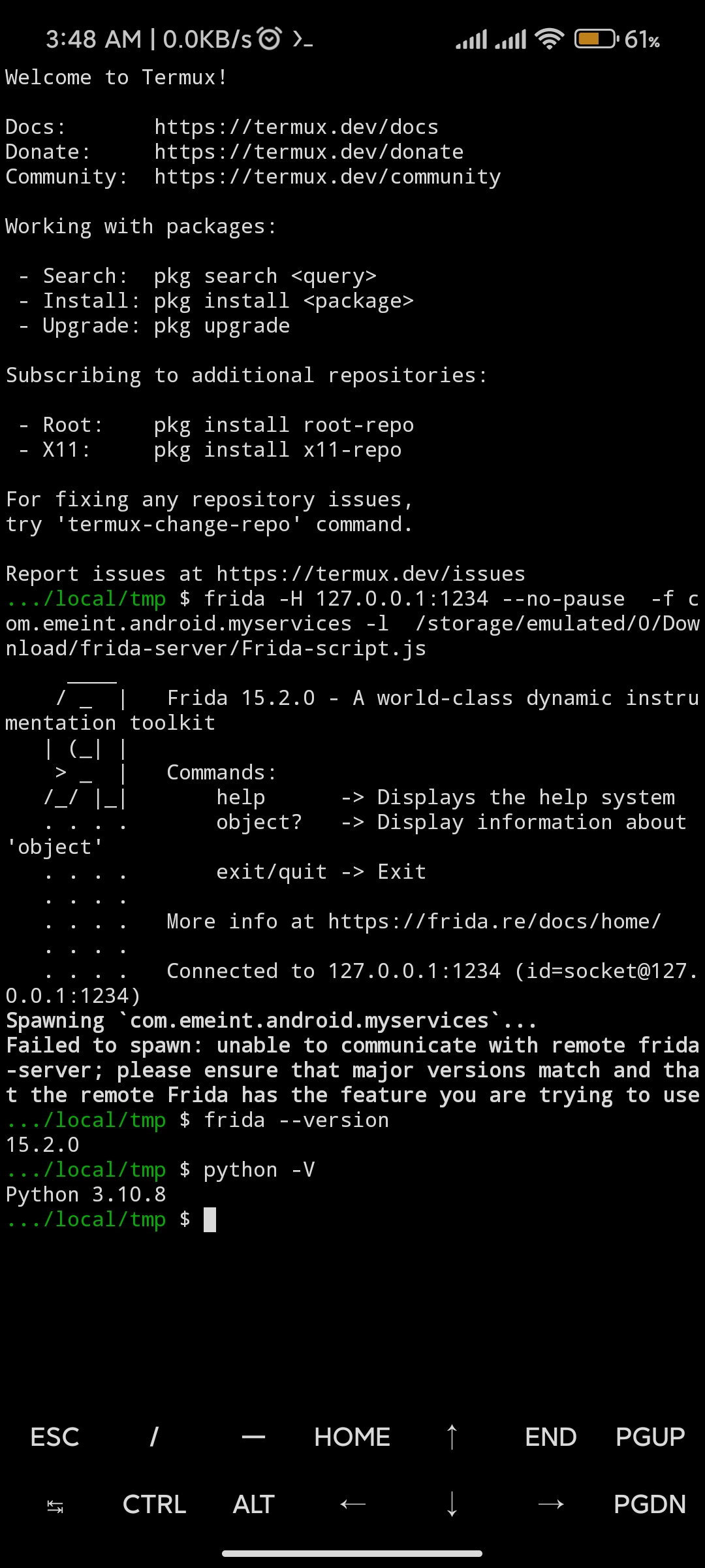 Failed to spawn: unable to communicate with remote frida-server; please ensure that major ...