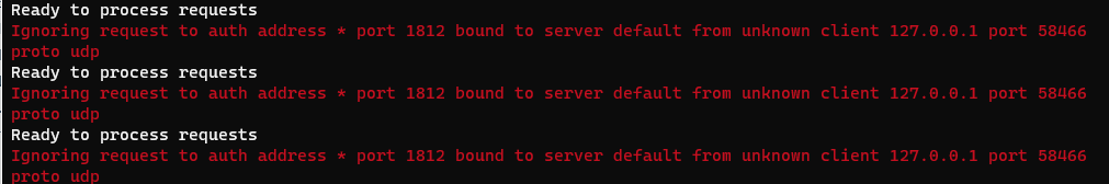Ignoring request to auth address * port 1812 bound to server default from unknown client 127.0.0 ...