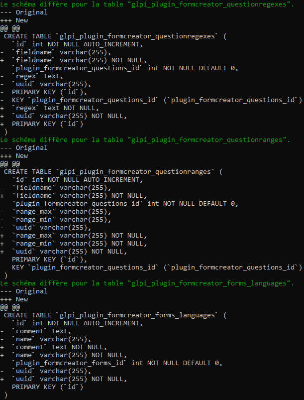 Correction base de donnée "le schéma diffère" · Issue #2998 · pluginsGLPI/formcreator · GitHub