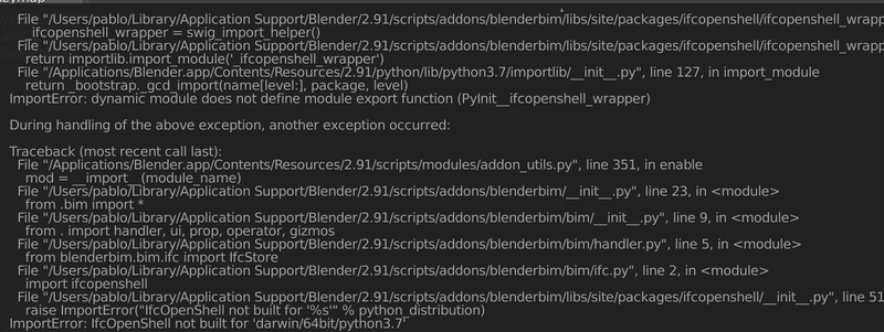 Blender 2.91.2 blenderbim plugin fails to load on OSX 10.13.6, with src built ifcwrap ...