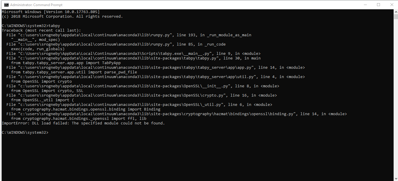 TabPy launches with Anaconda cmd line but not Windows cmd line · Issue #362 · tableau/TabPy · GitHub