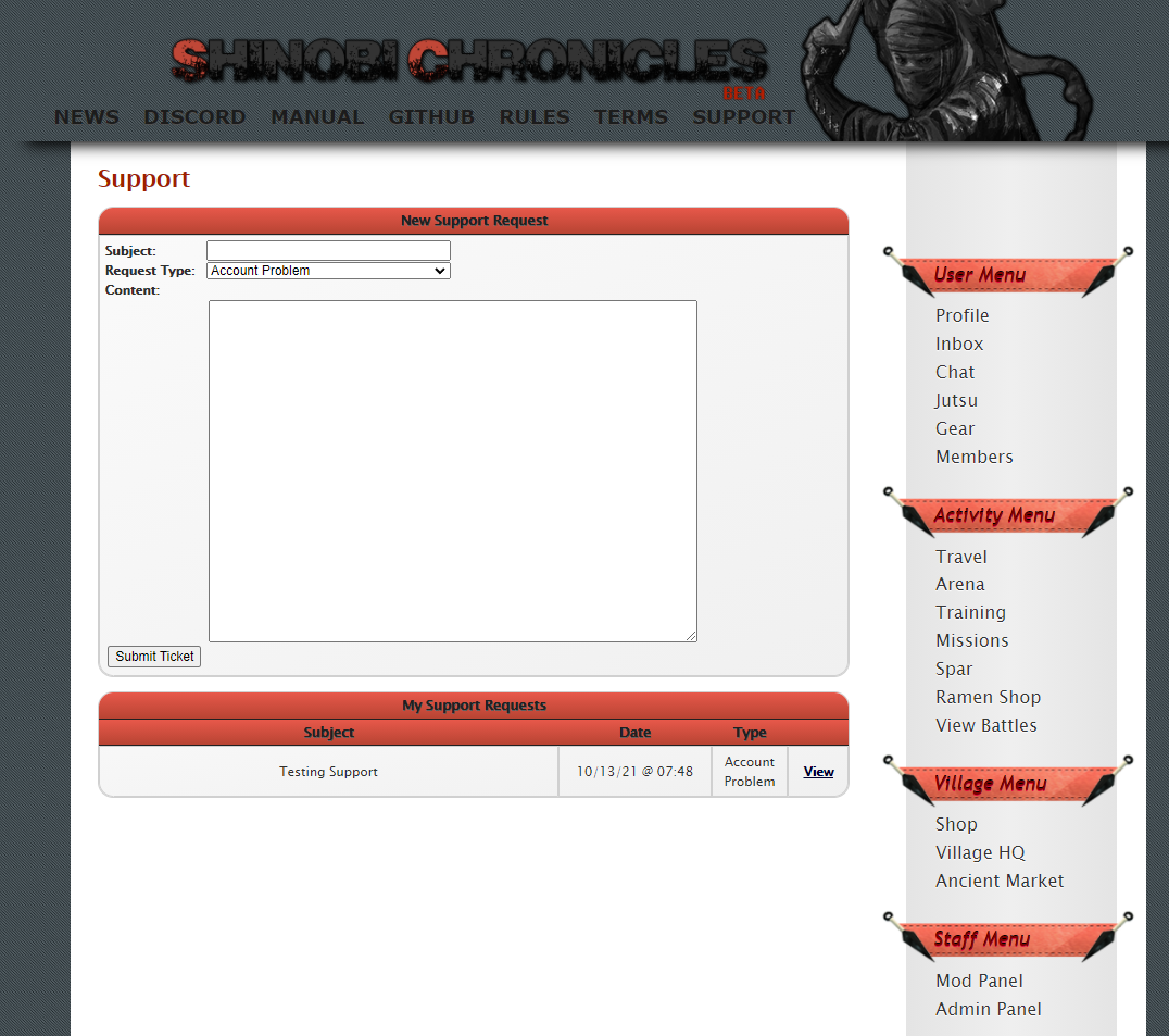 [WIP] Support Request System · Issue #140 · elementum-games/shinobi-chronicles · GitHub