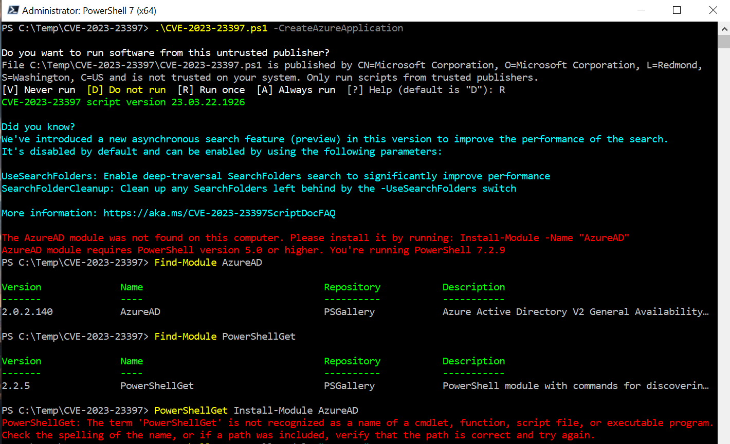 Issue Cve 2023 23397 Script Doesnt Recognize Installed Azuread Module · Issue 1595 