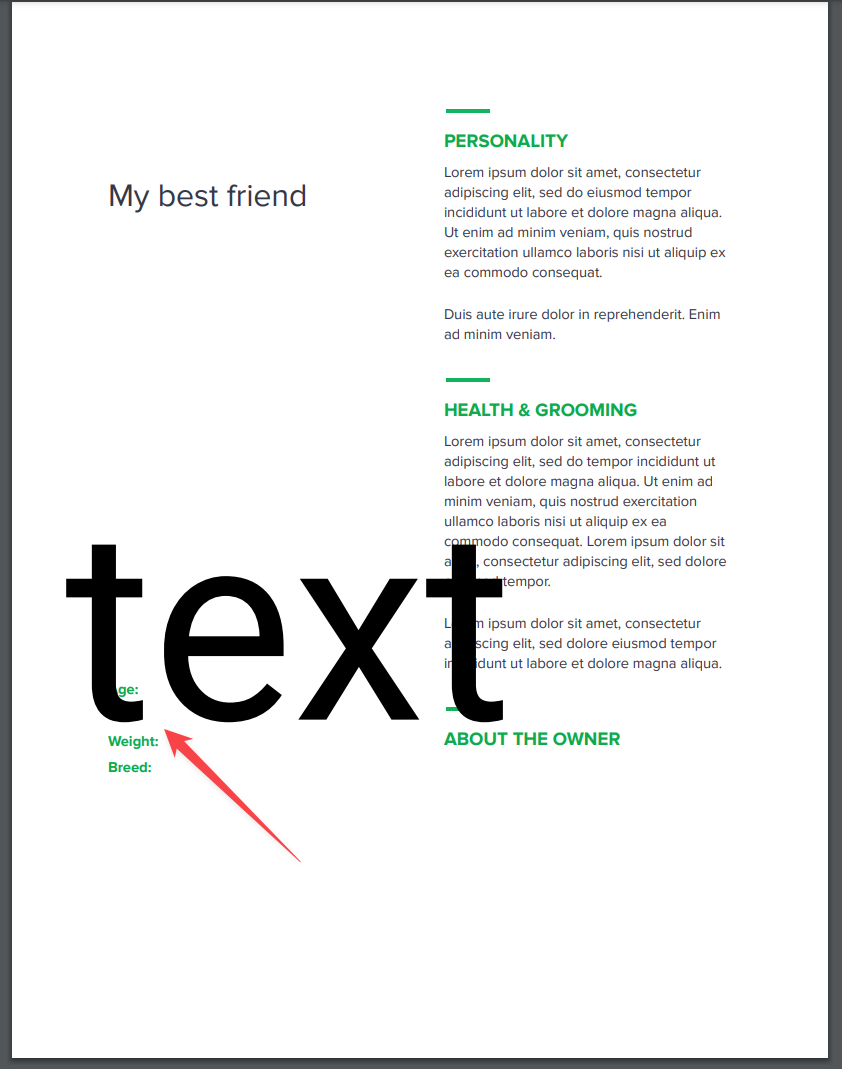 The position of the text in the designer's preview and the generated ...