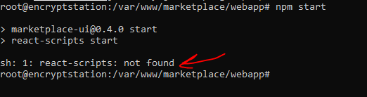 Running Marketplace / WebApp / npm start / error: react-scripts not found + CI is not recognized ...
